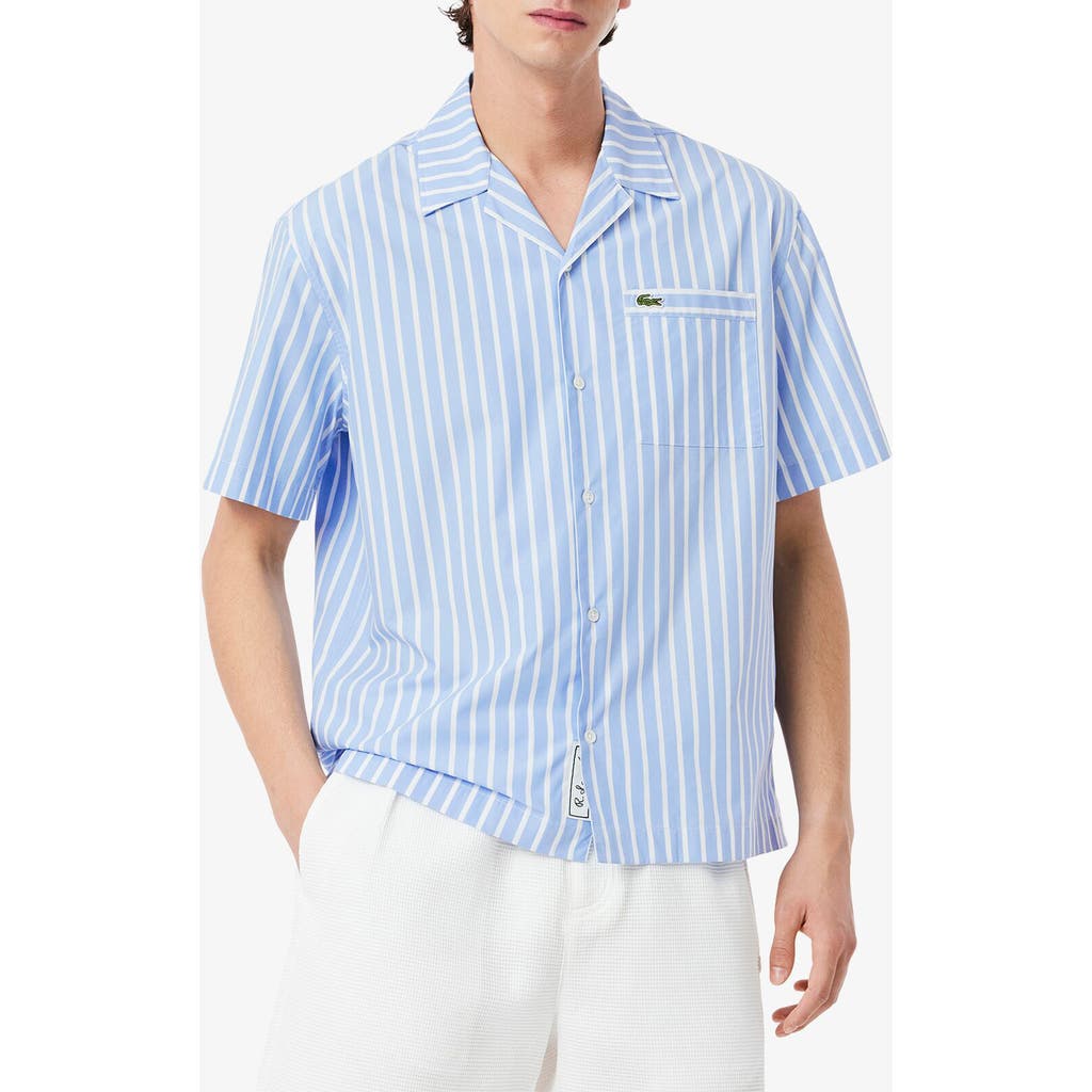 LACOSTE relaxed fit stripe cotton & lyocell camp shirt